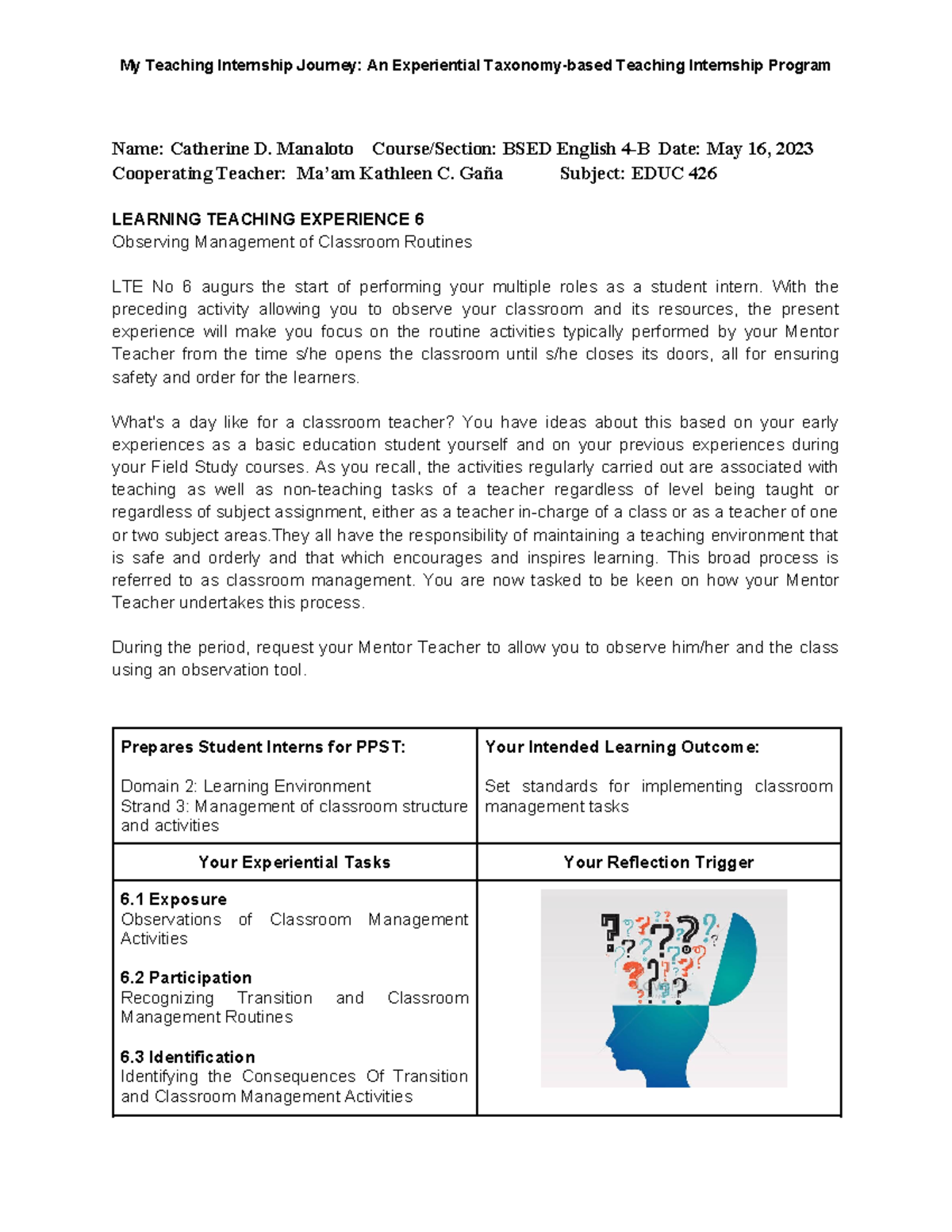 EDUC 426: Learning Teaching Experience 6 - Classroom Management Observations - Studocu