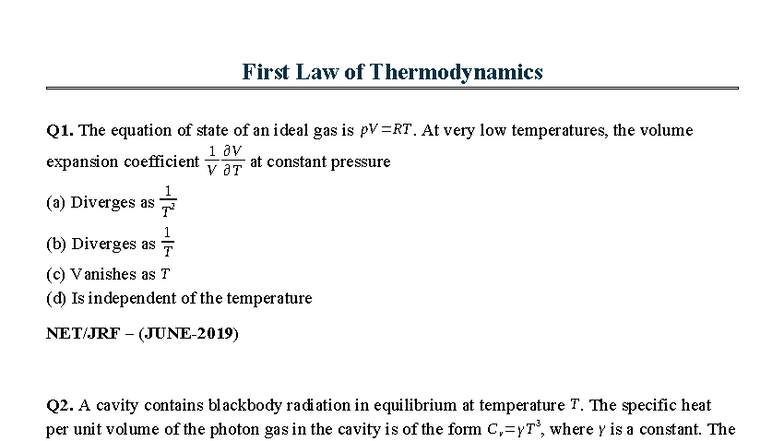 Thermodynamics Q&A: First Law & Ideal Gas Behavior (Net PYQ) - Studocu