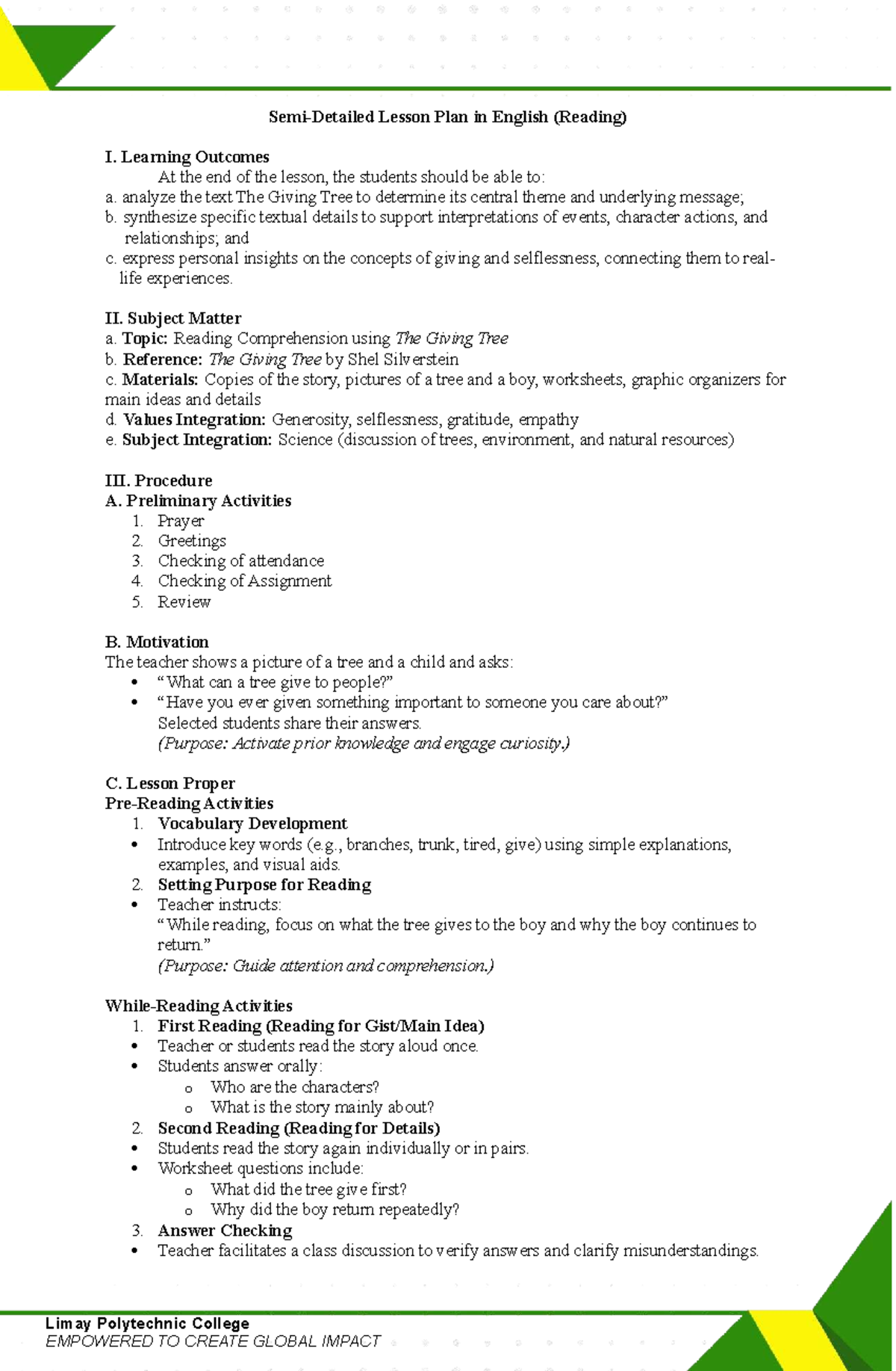 Semi-Detailed Lesson Plan in English (Reading) on The Giving Tree - Studocu