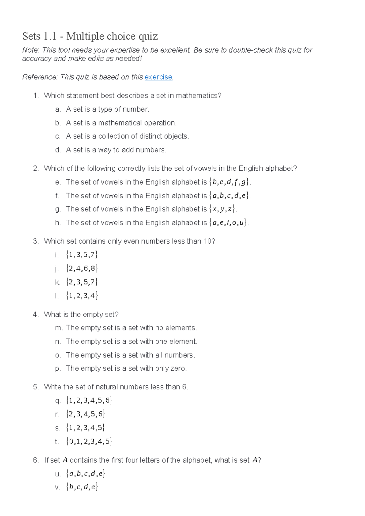Sets 1.1 - Multiple Choice Quiz on Mathematical Concepts - Studocu