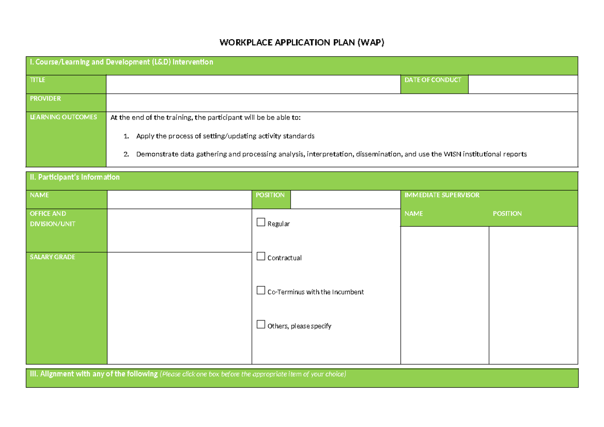 Workplace Application Plan (WAP) for L&D Interventions and Participants ...