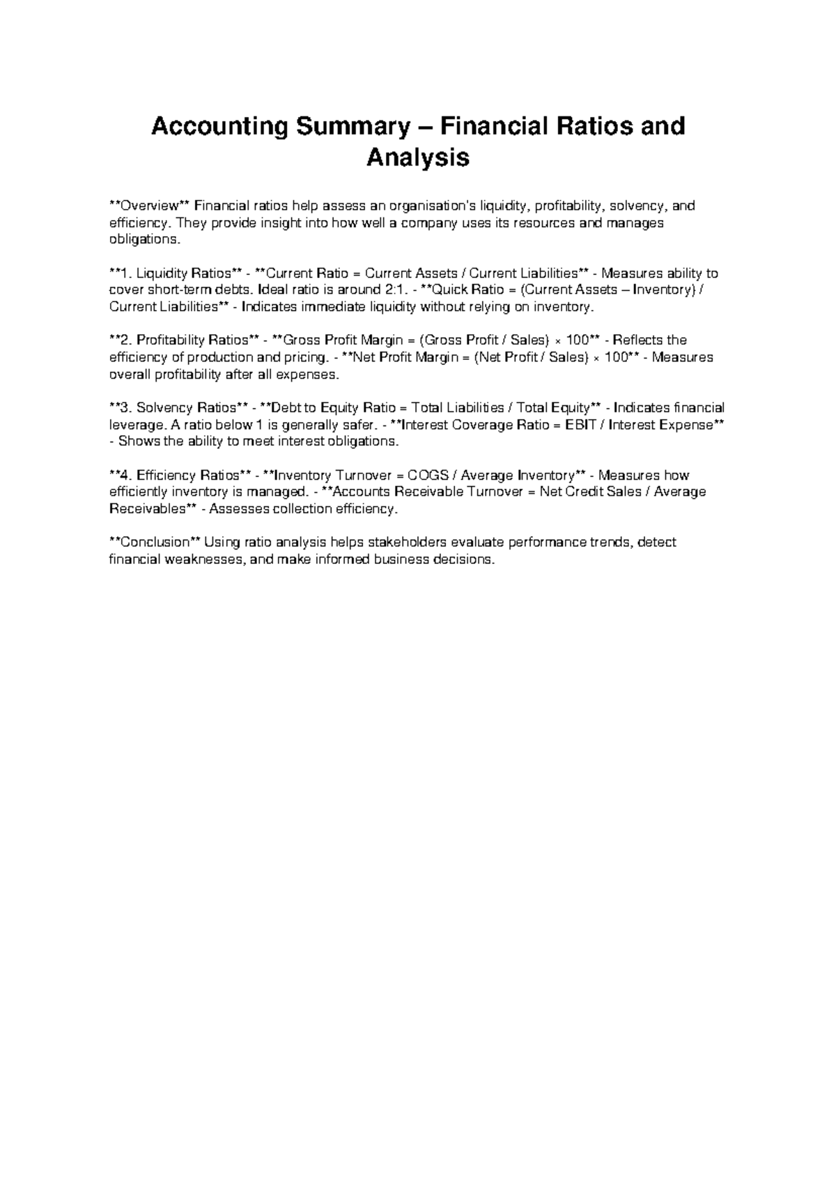 Accounting Summary: Key Financial Ratios & Analysis - Studocu