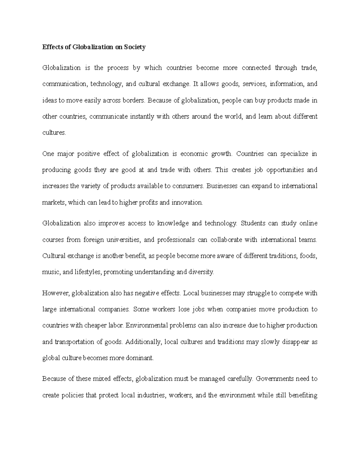 Globalization's Impact on Society: Benefits and Challenges - Studocu