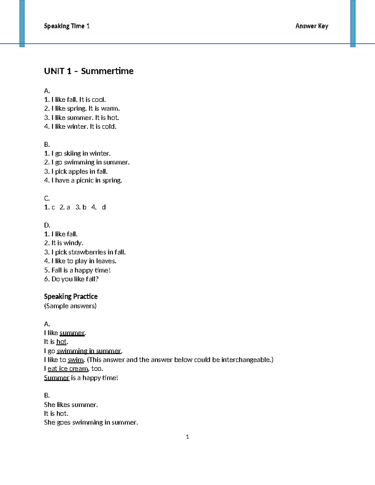 Speaking Time 1 Answer Key: Units 1-20 Overview and Responses - Studocu