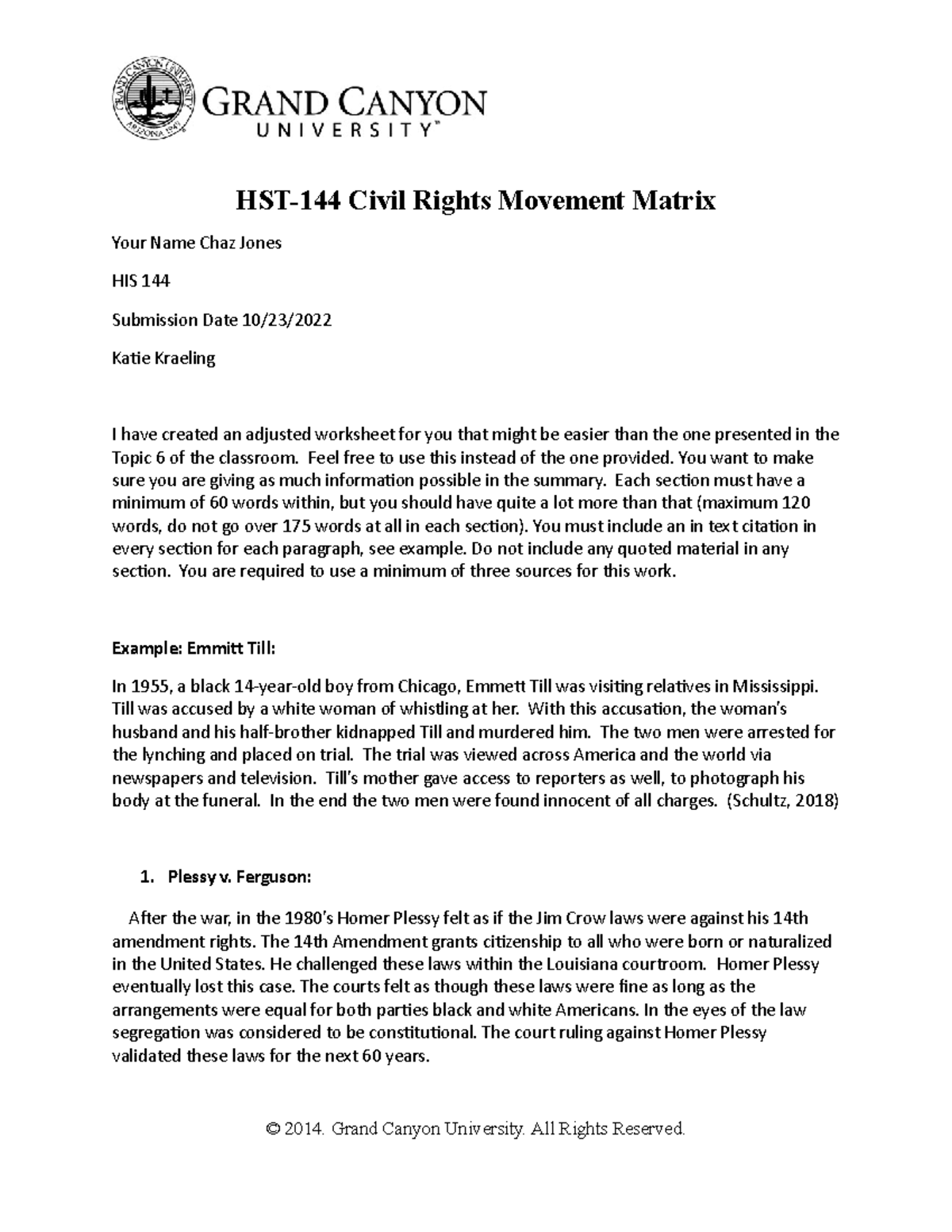 Matrix Adjusted Worksheet - HST-144 Civil Rights Movement Matrix Your ...