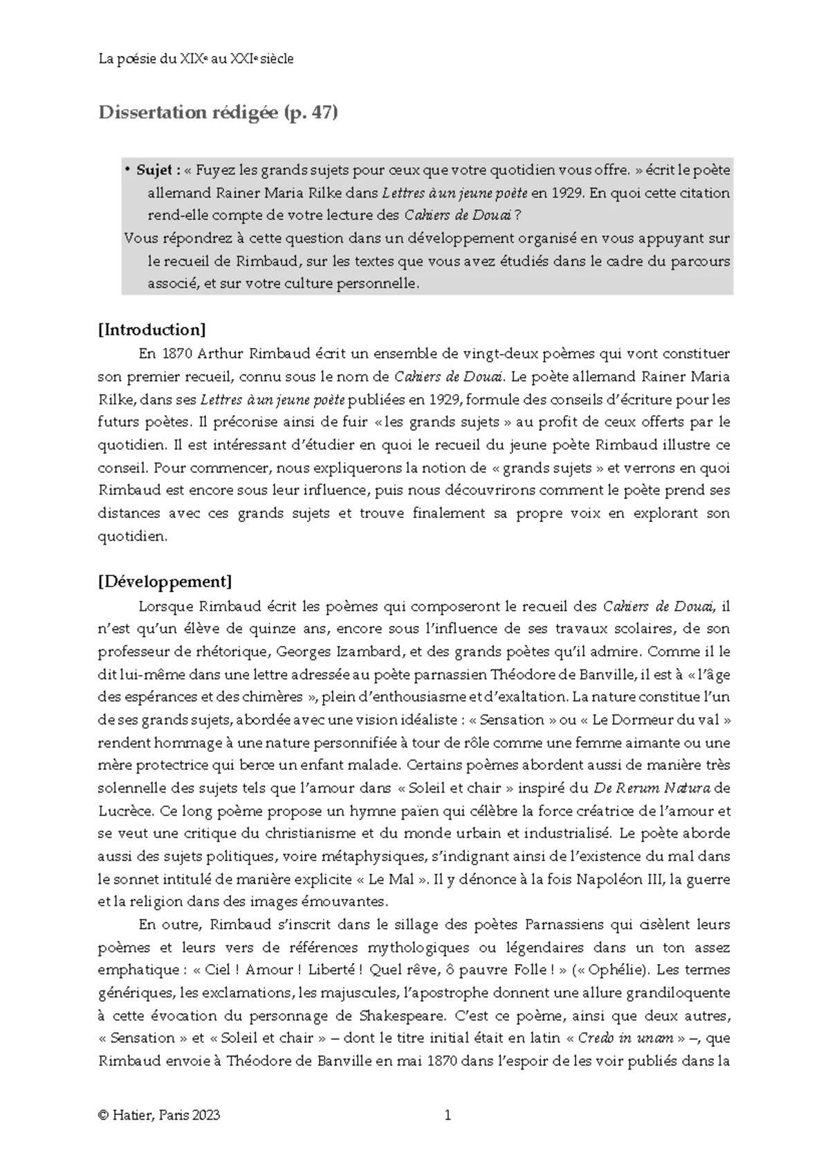 Dissertation poésie - Dans le deuxième poème des Cahier de Douai ...