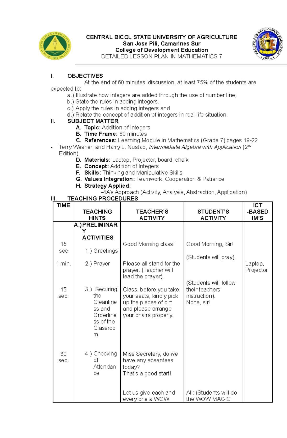 Lesson 4.1: Addition of Integers in Mathematics 7 Detailed Lesson Plan ...