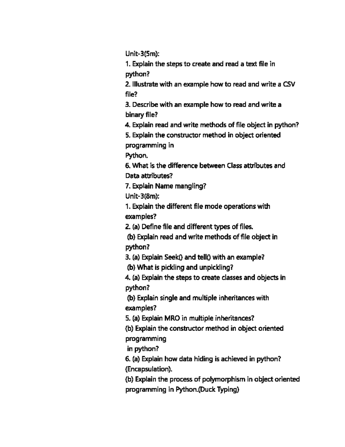 Unit 3 - 5 Marks Python BCU Notes: File Handling & OOP Concepts - Studocu