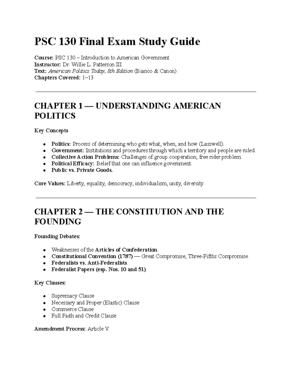 PSC 130 Final Exam Study Guide - Studocu