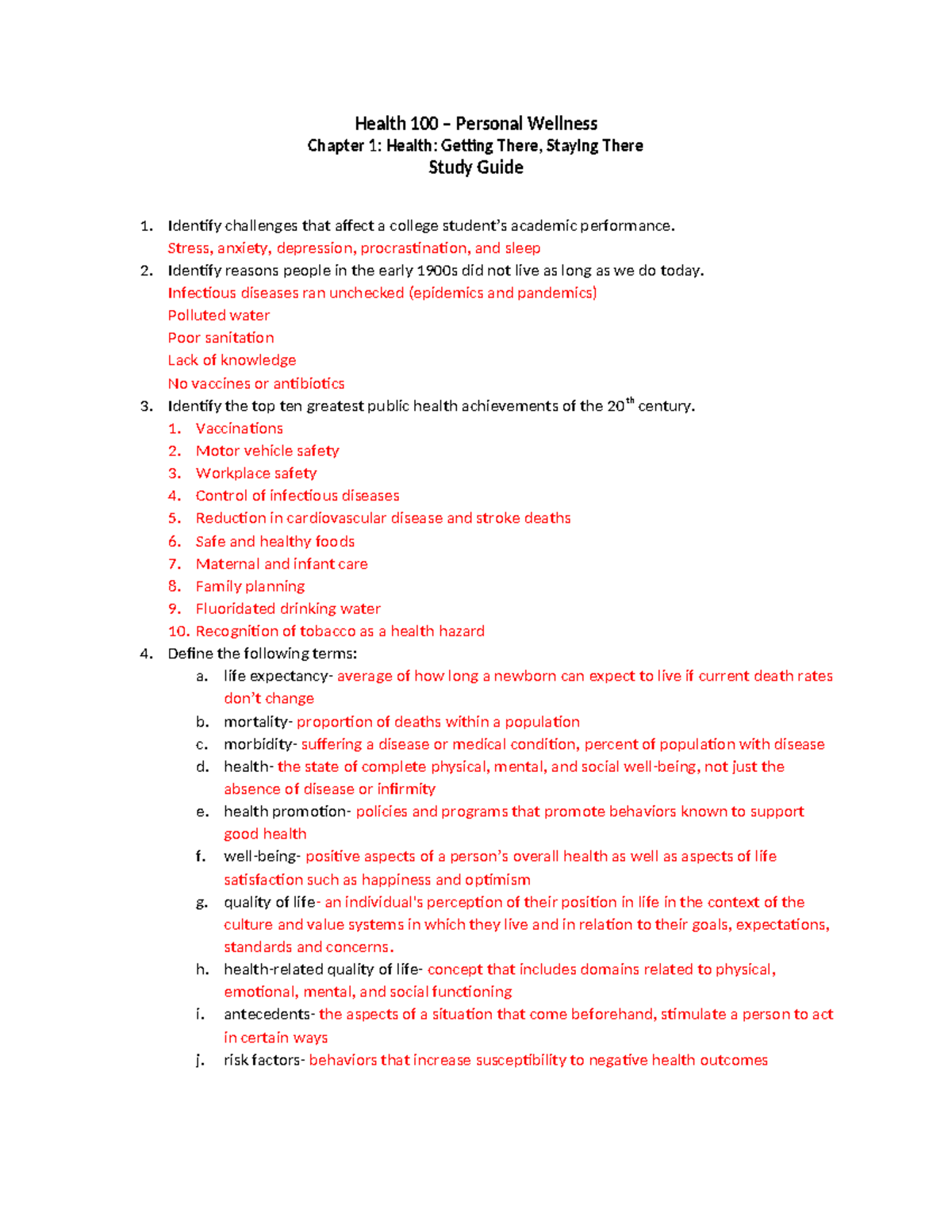 Health 100: Chapter 1 Study Guide on Personal Wellness - Studocu