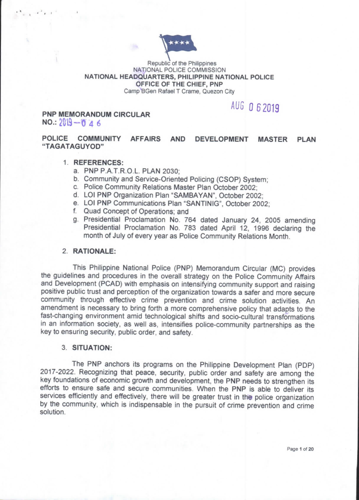 PNP MC 2019-046: PCAD Master Plan for Community Safety and Development ...