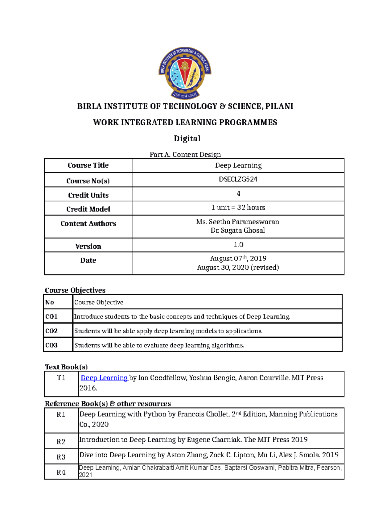 Deep Learning DSE Handout - BIRLA INSTITUTE OF TECHNOLOGY & SCIENCE, PILANI WORK INTEGRATED ...