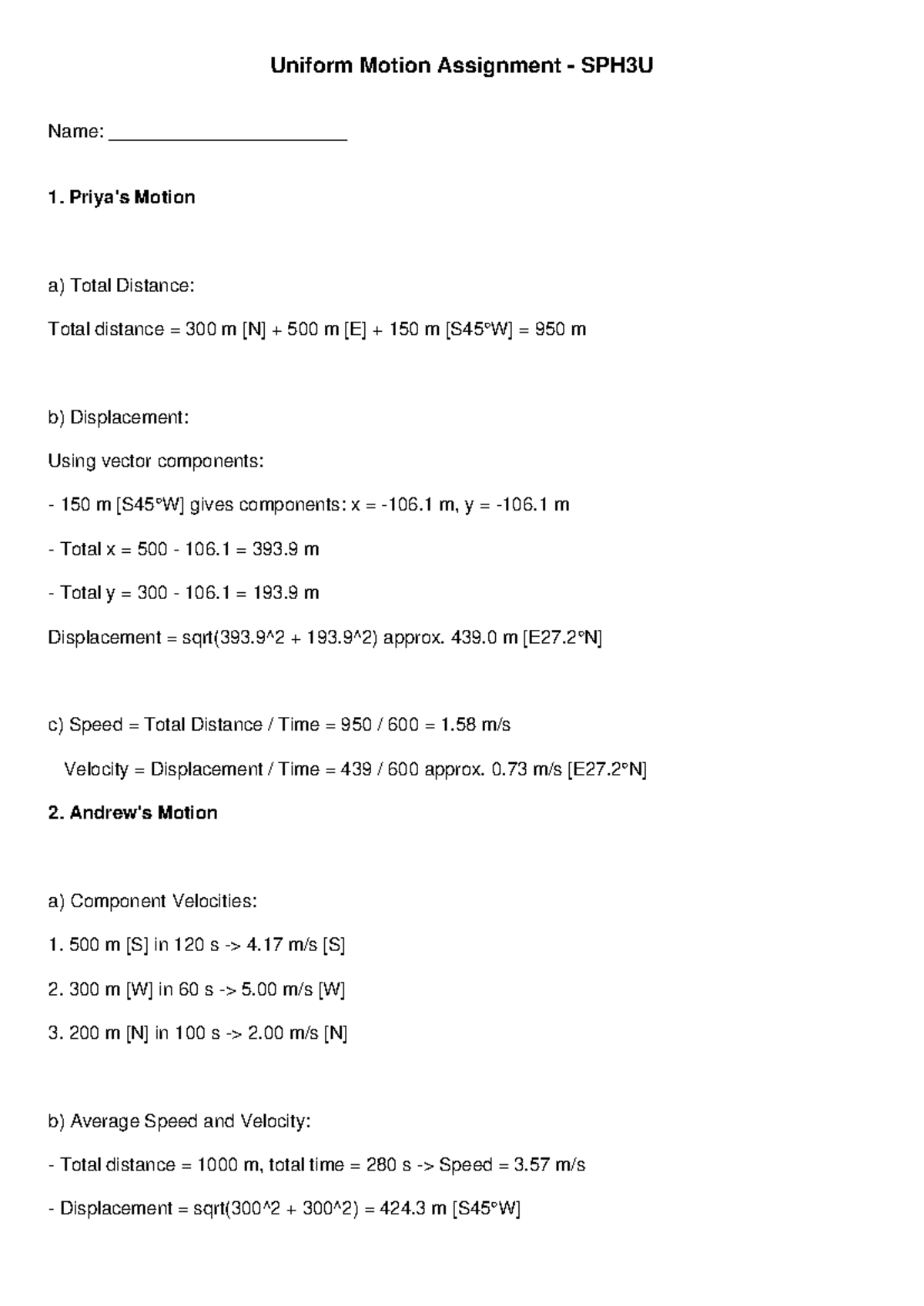 Uniform Motion Assignment Solution SPH3U - Studocu