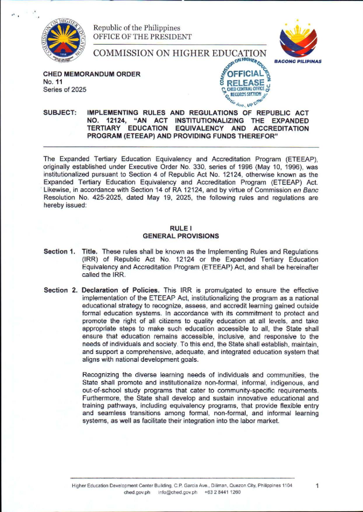 CHED Memorandum Order No. 11, S. 2025: ETEEAP Implementation Rules ...