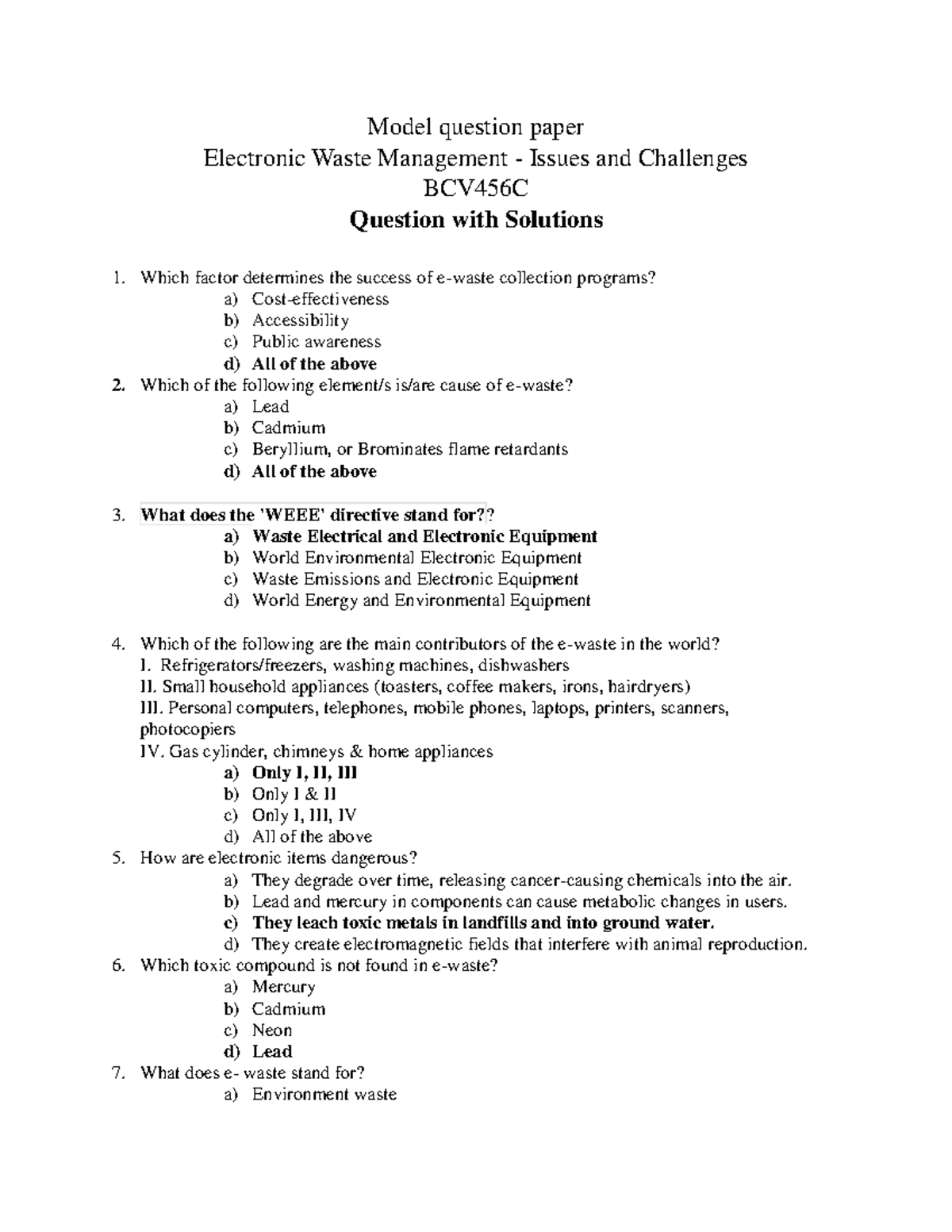 BCV456C - MCQs on E-Waste Management: Issues & Solutions - Studocu
