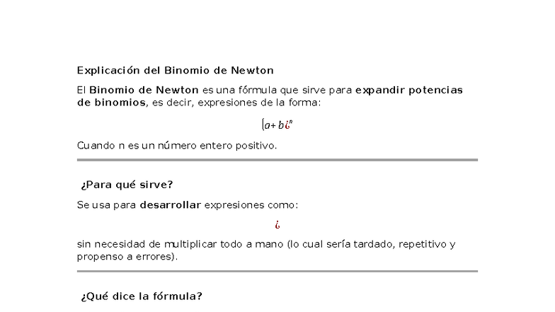 Explicación del Binomio de Newton: Fórmula y Ejemplos - Studocu