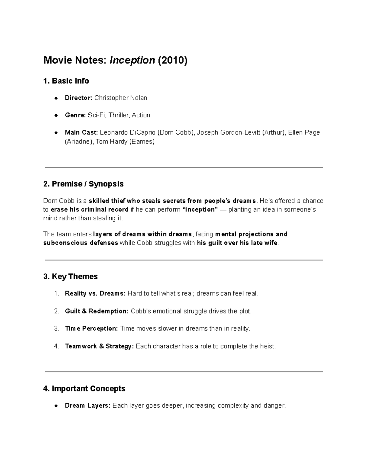 Inception (2010) Movie Notes: Themes, Concepts & Analysis - Studocu