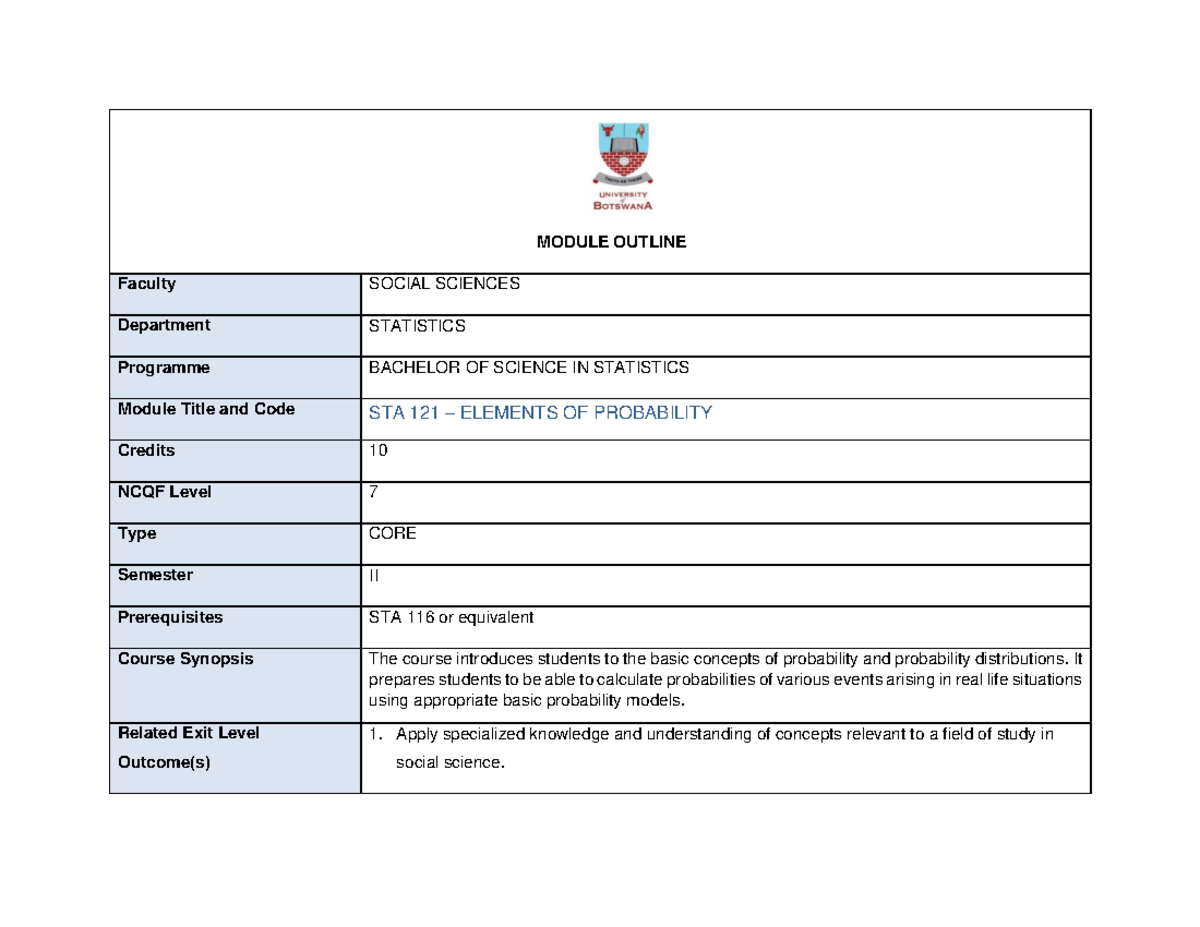STA 121 Course Outline: Elements of Probability - BQA 2025 - Studocu