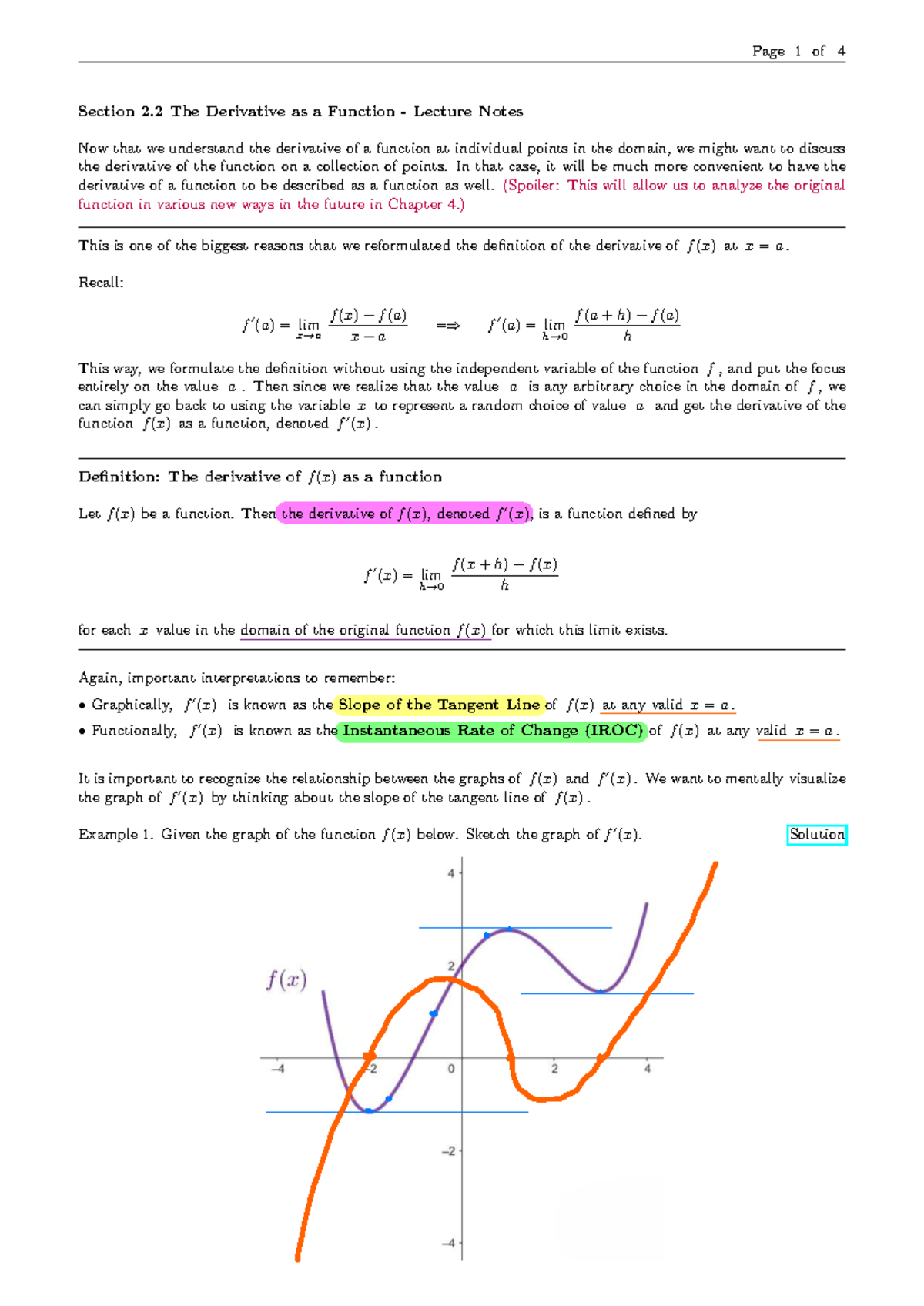 Calculus I: Section 2.2 - The Derivative as a Function Lecture Notes ...