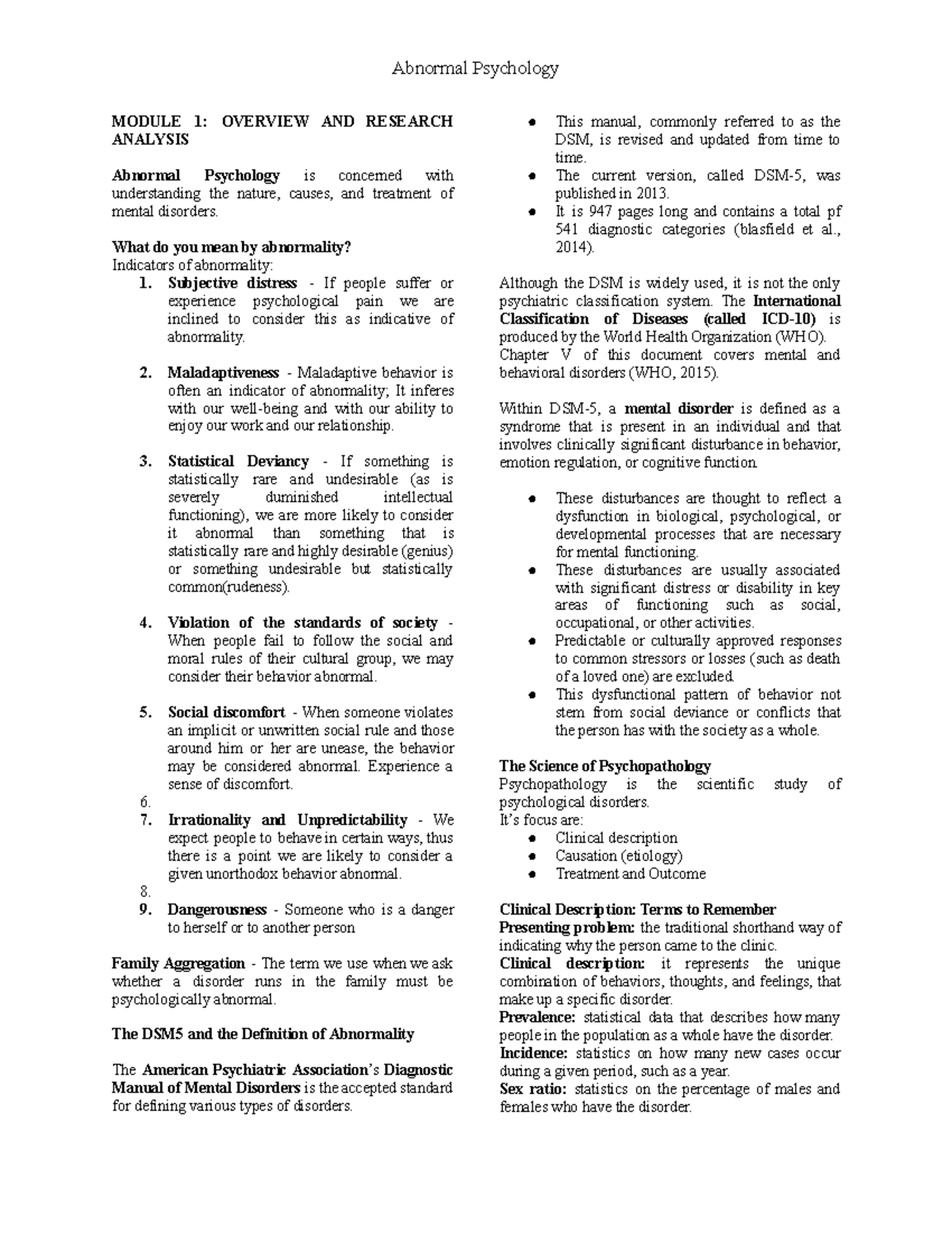 Abnormal Psychology - Ab Psych reviewer prelims - MODULE 1: OVERVIEW ...