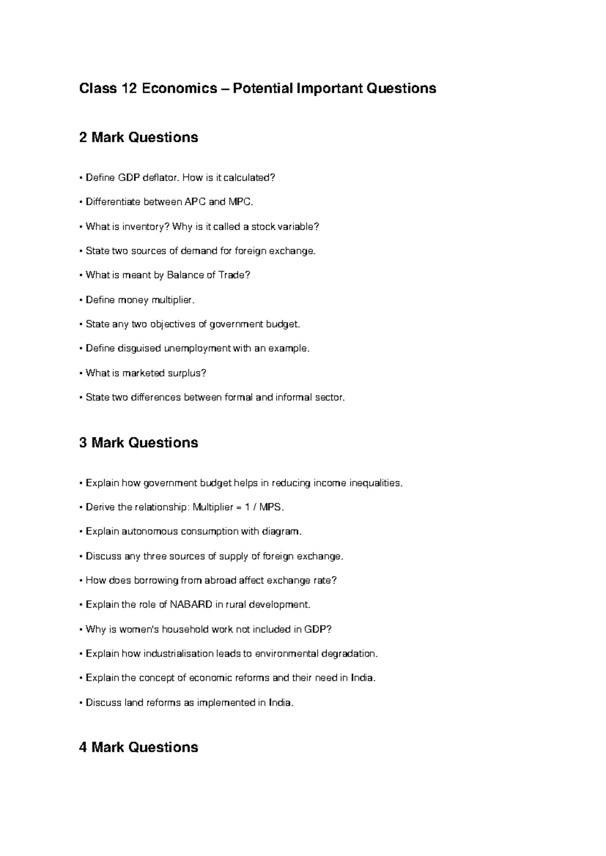 Class 12 Economics Important 2, 3 & 4 Mark Questions - Studocu
