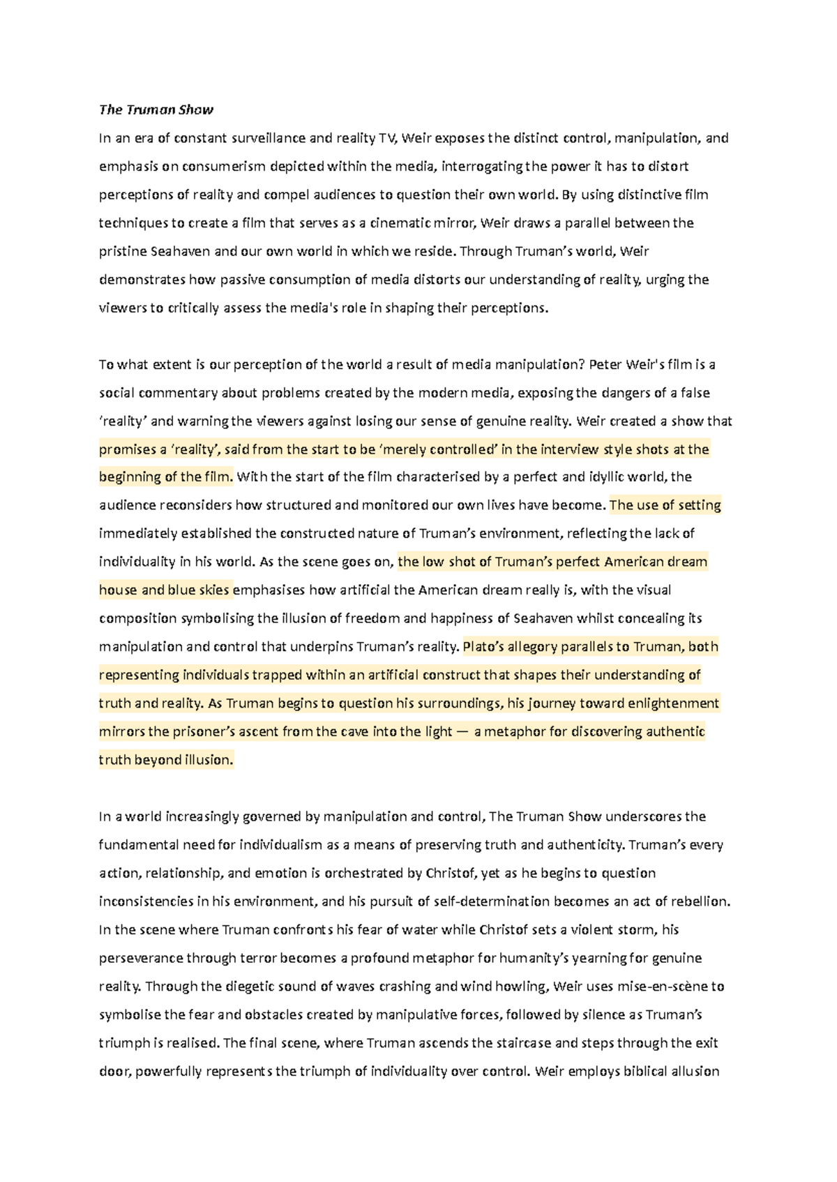 HSC - The Truman Show: Media Manipulation & Individualism Analysis ...