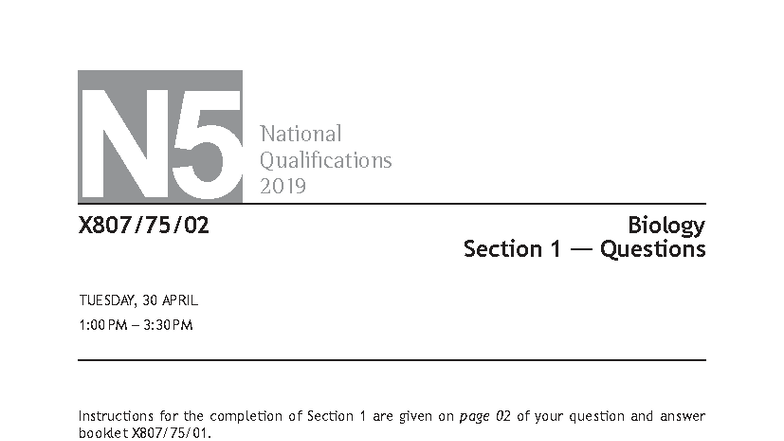 N5 Biology 2019 Exam Paper - Section 1 & 2 Questions - Studocu