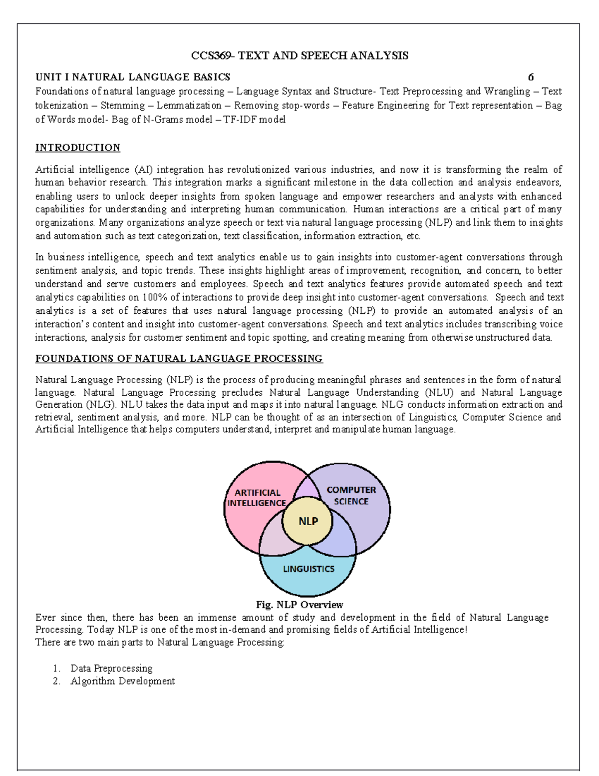 CCS369 - Unit 1: Natural Language Processing Foundations and Techniques - Studocu
