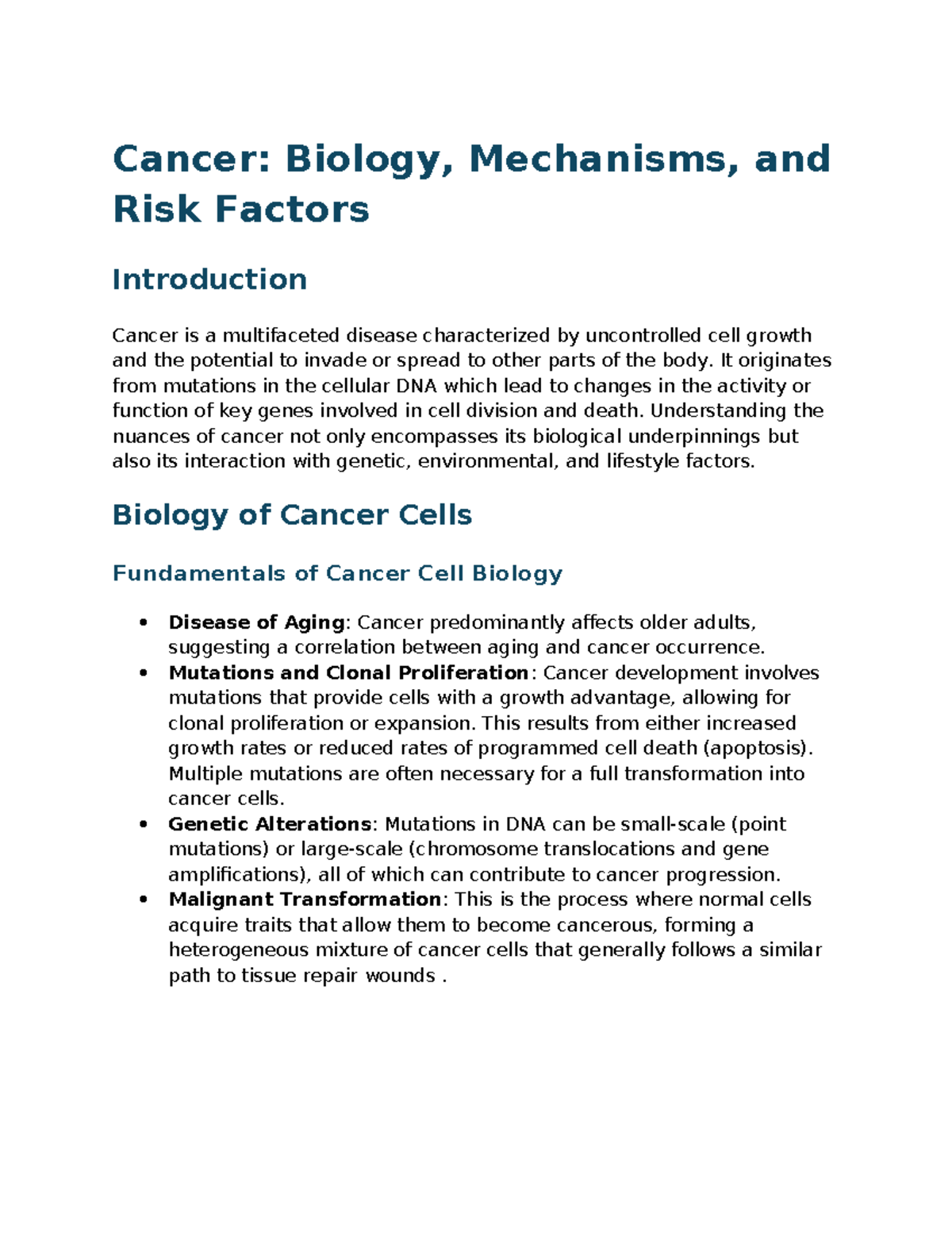 Module 1 Study Guide-Patho - Cancer: Biology, Mechanisms, and Risk ...