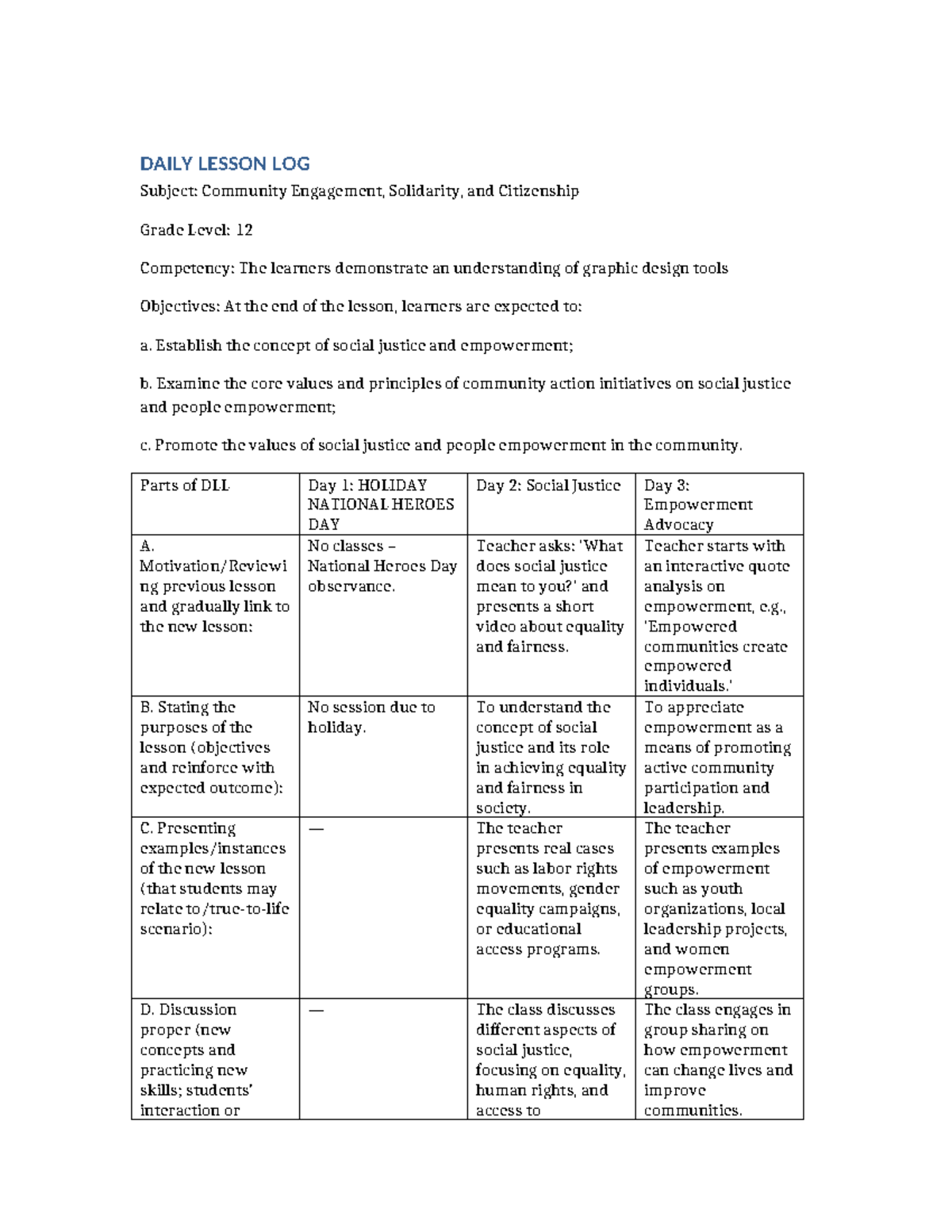 Grade 12 DLL: Social Justice & Community Empowerment Lessons - Studocu