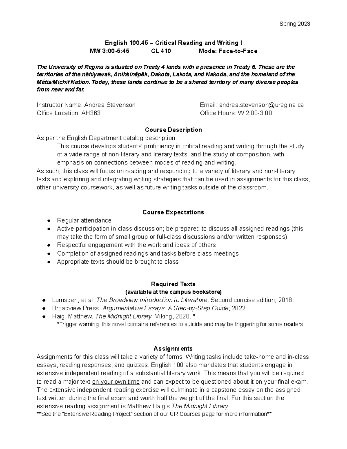 S23 Syllabus: English 100.45 - Critical Reading & Writing I - Studocu