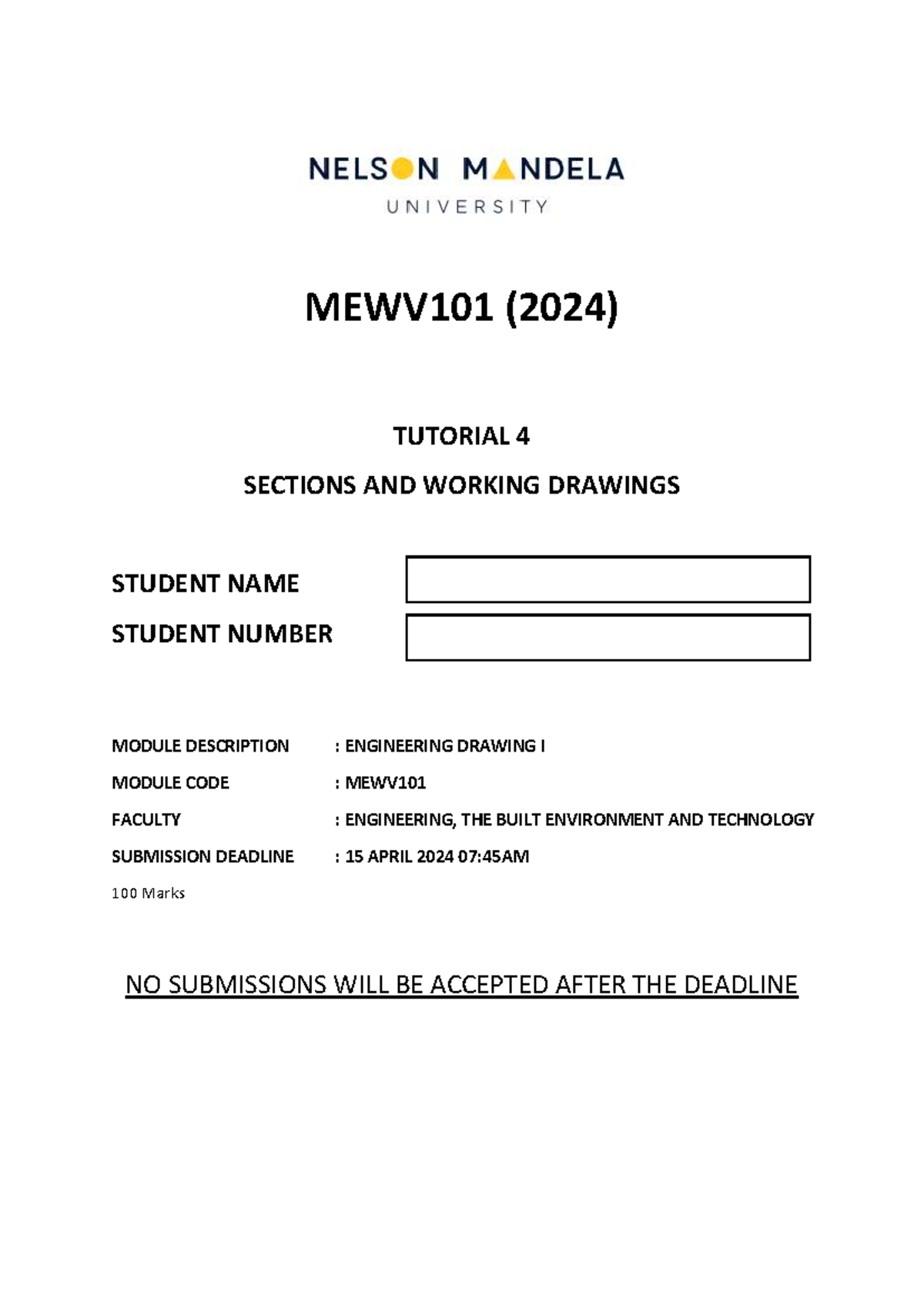 MEWV101 Tutorial 4: Working Drawings & Assembly Details 2024 - Studocu