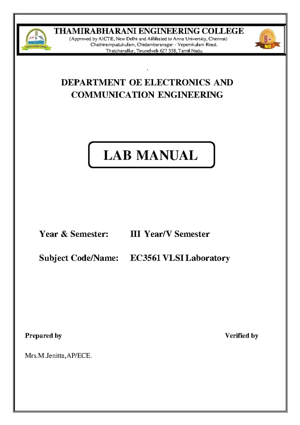 EC3561 VLSI Laboratory Manual: Experiments and Design Techniques - Studocu