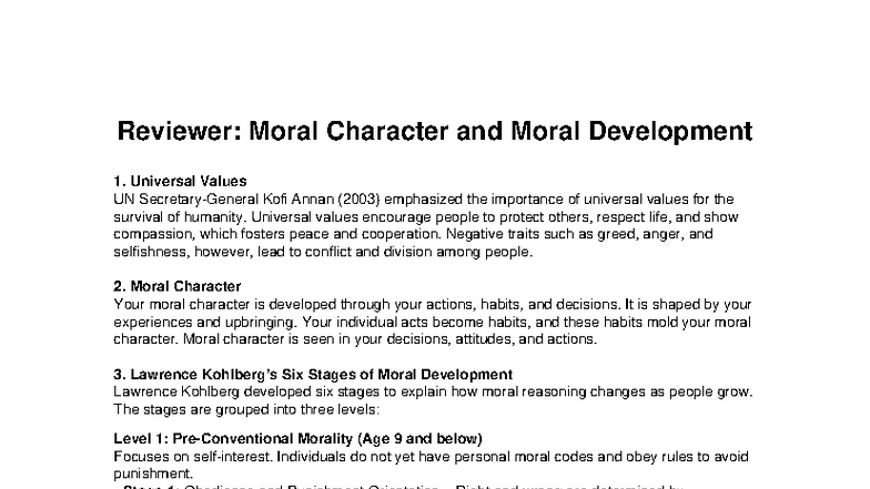 Moral Development Reviewer: Understanding Character & Values - Studocu