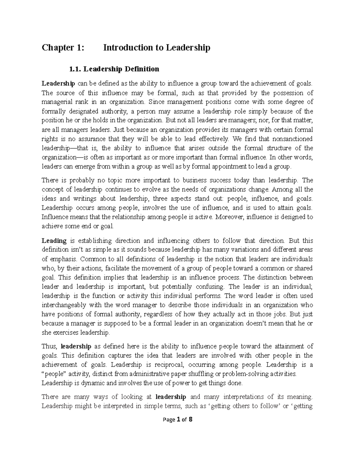 Chapter 1 - Understanding Leadership and Its Vital Role - Studocu