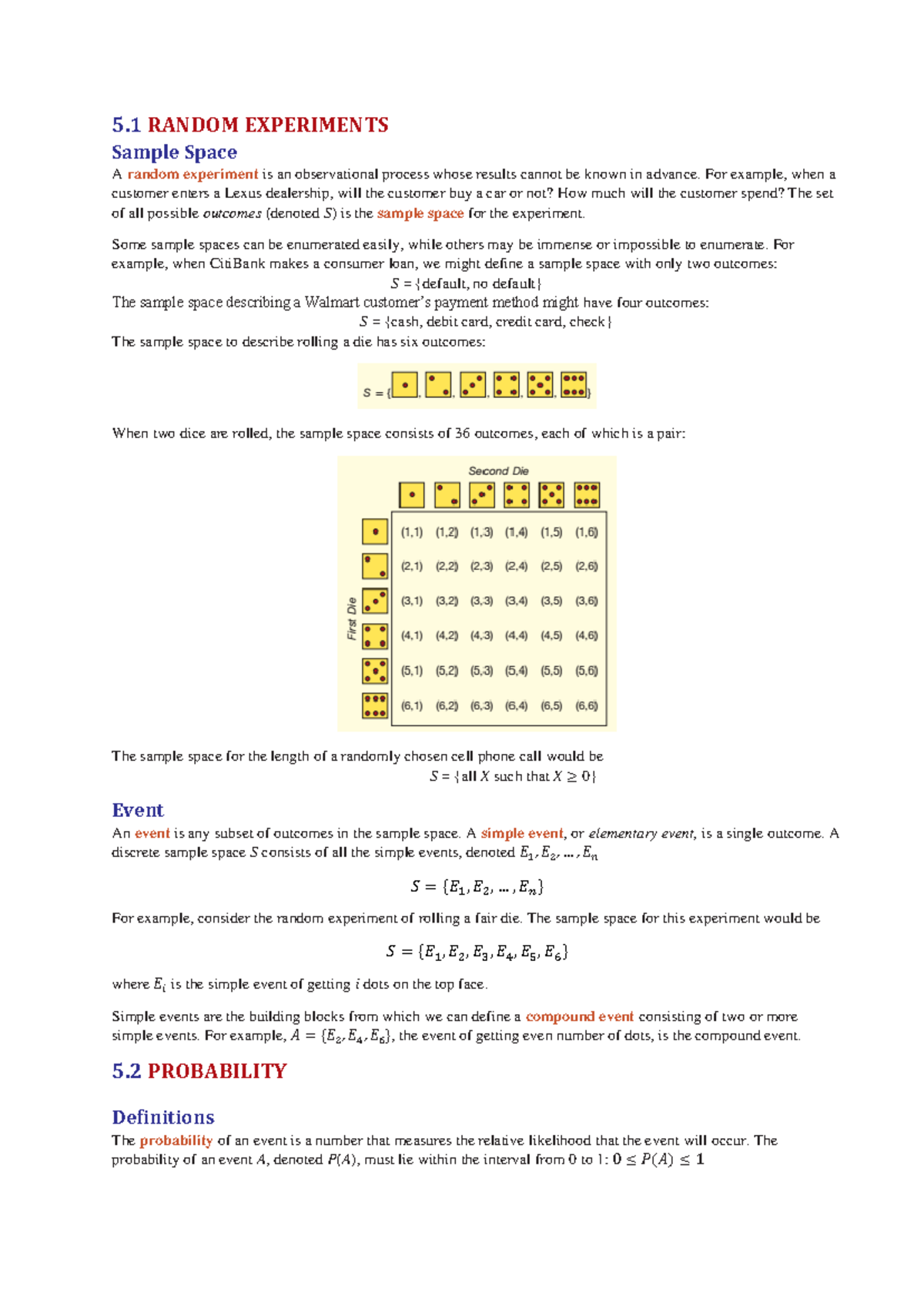 Reading for P2C Quiz3 - 5 RANDOM EXPERIMENTS Sample Space A random ...