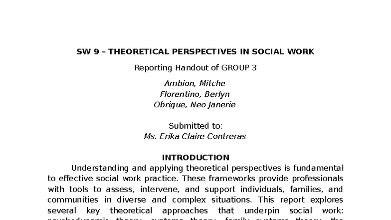 SW 9 Theoretical Perspectives in Social Work: Group 3 Report - Studocu