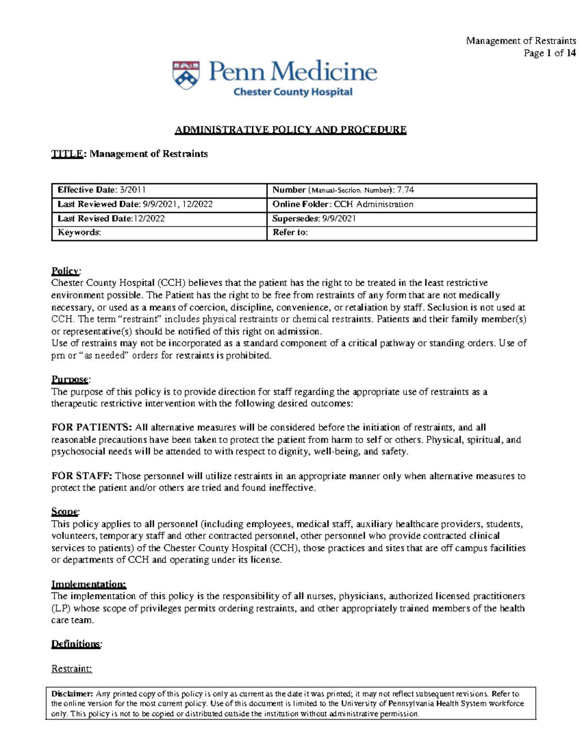 CCH 7.74 Administrative Policy: Management of Restraints - Studocu