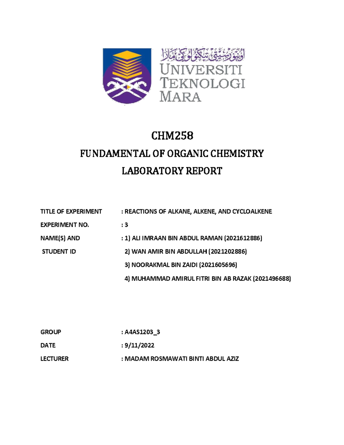 CHM258 Lab Report: Reactions of Alkanes, Alkenes, Cycloalkenes - Studocu
