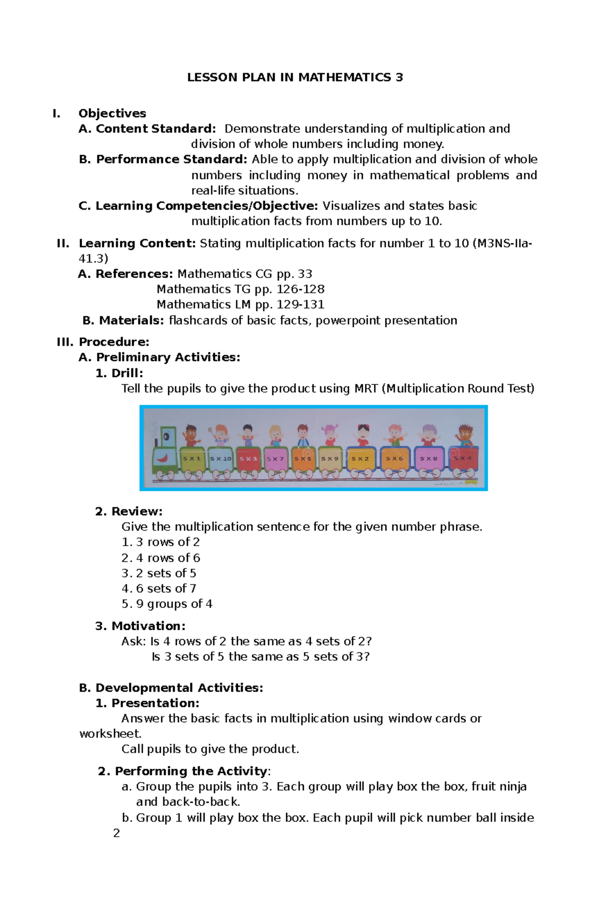 Lesson Plan for Math 3: Multiplication & Division Activities - Studocu