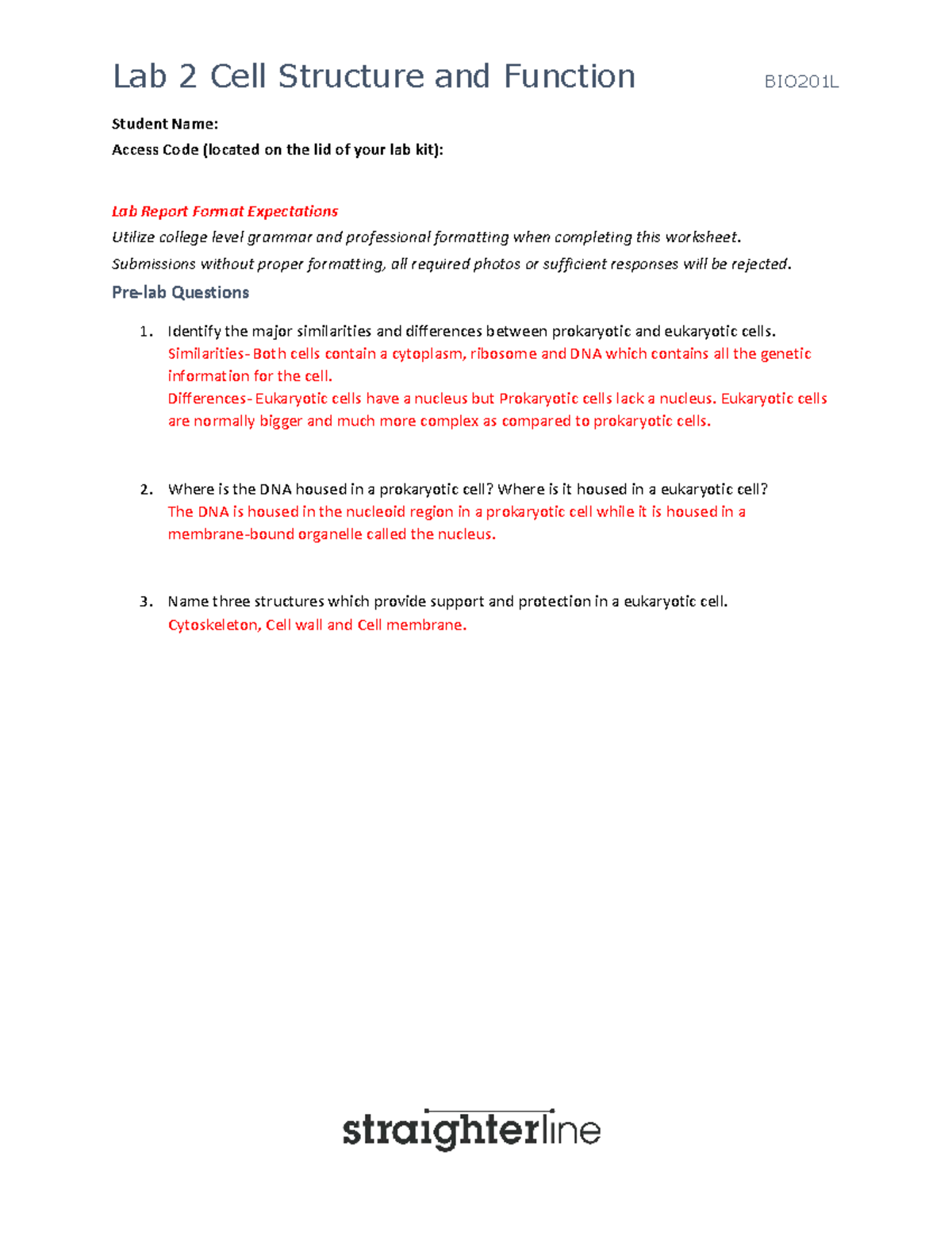 BIO201L Lab 2: Cell Structure & Function Report - Studocu