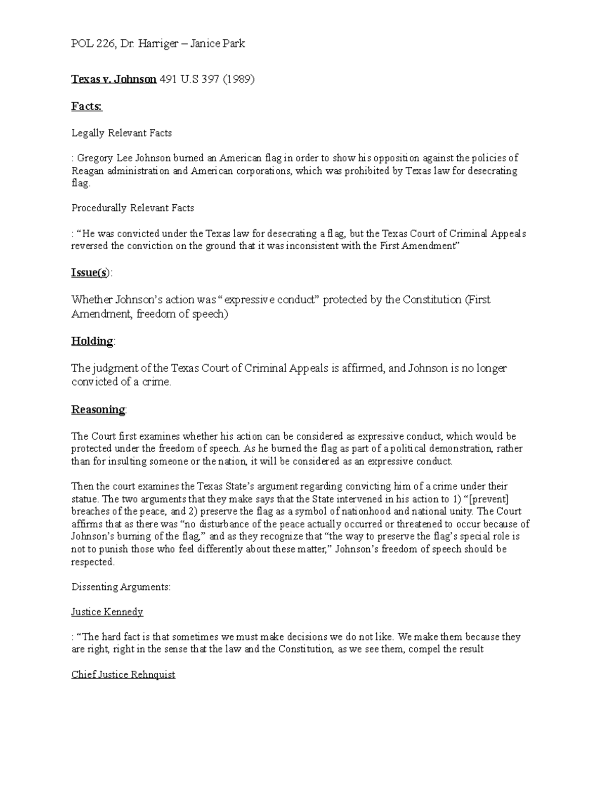 POL 226 Case Brief: Texas v. Johnson - Free Speech & Flag Desecration ...