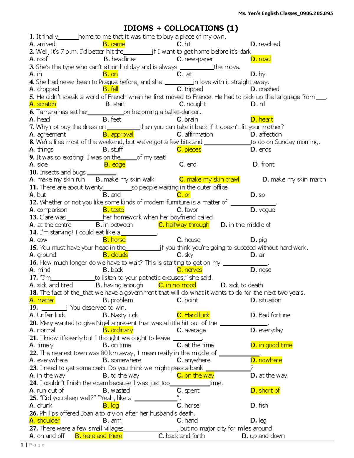 Idioms and Collocations Practice: Exercises 1-133 - Studocu