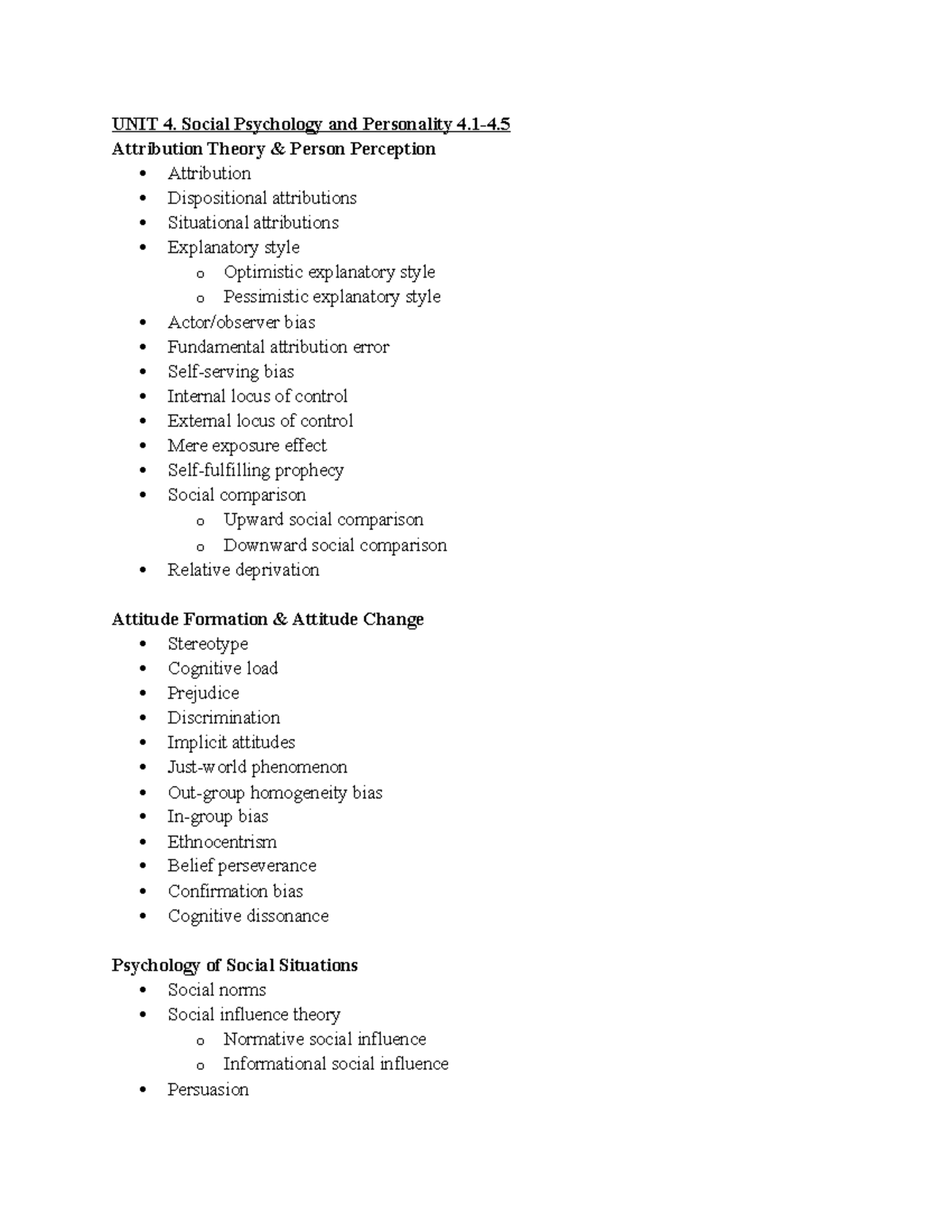 UNIT 4: Social Psychology & Personality Vocab (4.1-4.6) - Studocu