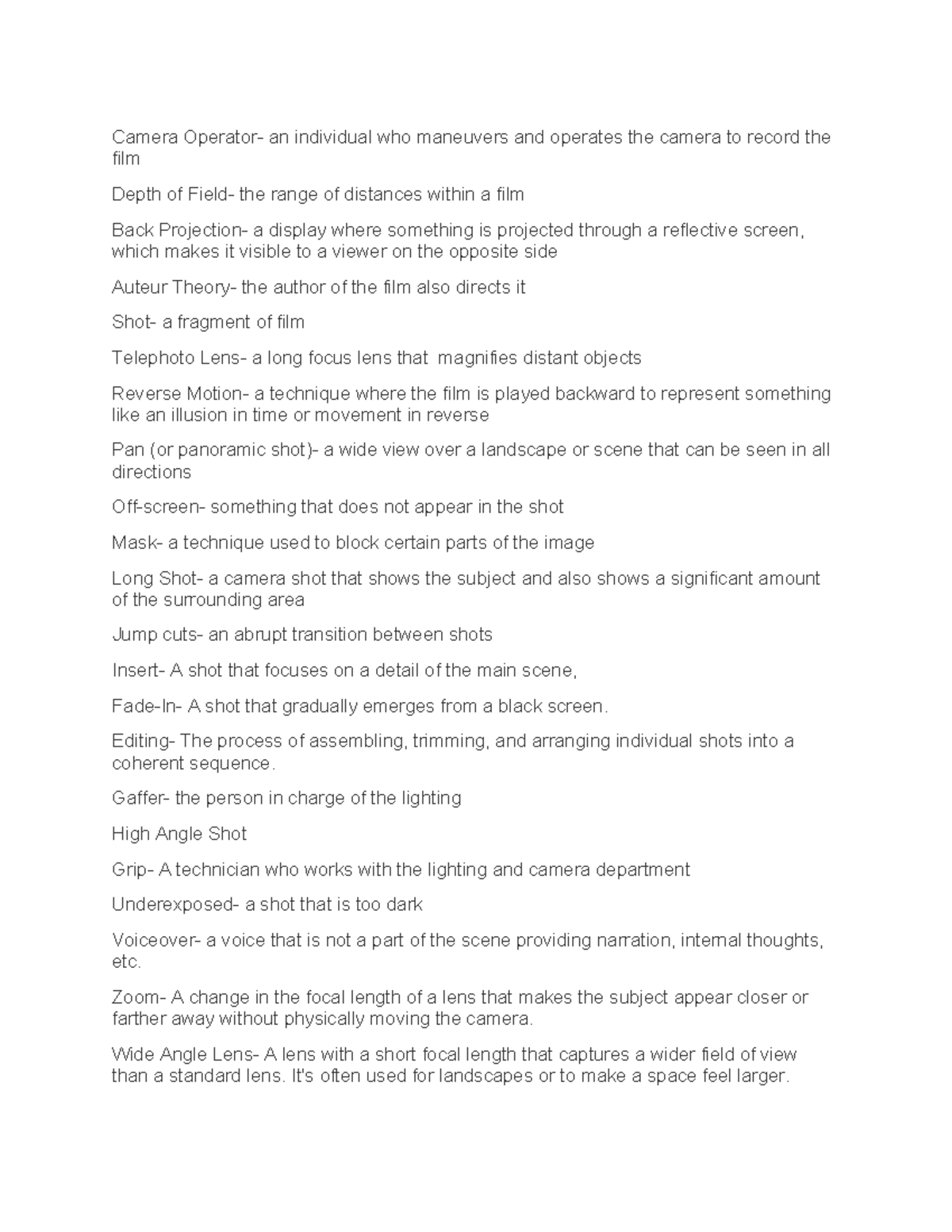 Film Terminology Glossary: Key Terms & Definitions for CIN 101 - Studocu