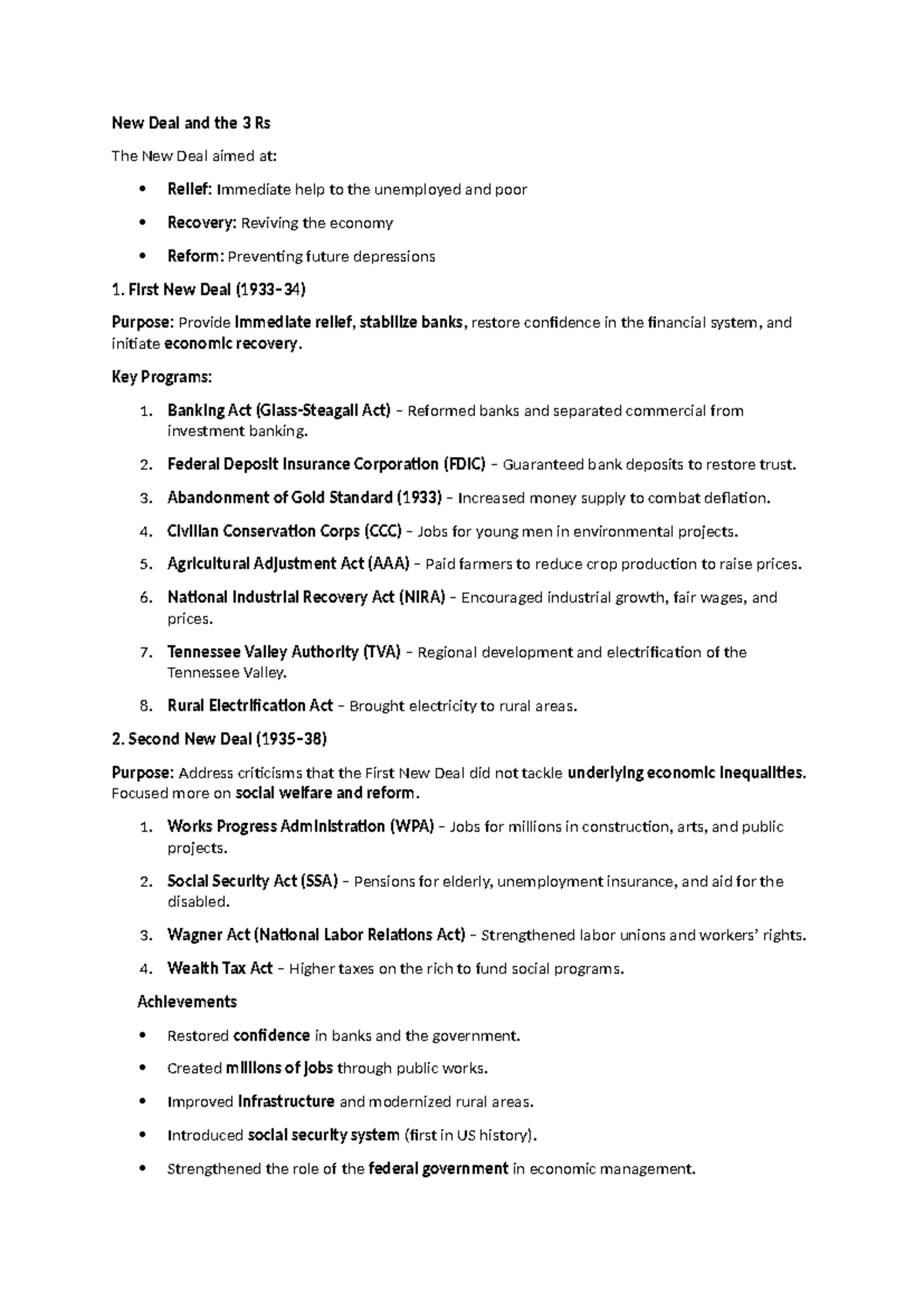New Deal and the 3 Rs: Relief, Recovery, Reform Overview - Studocu