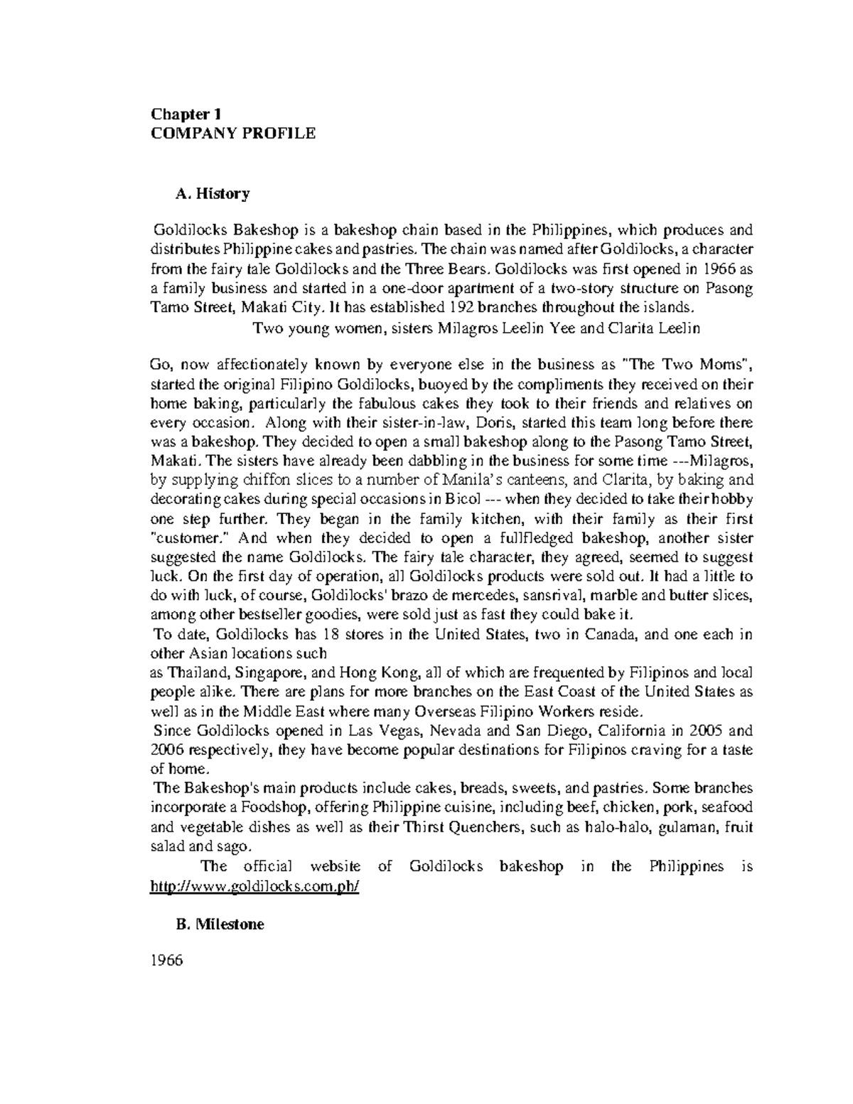 Goldilocks Company Profile - Chapter 1 Overview and Milestones - Studocu