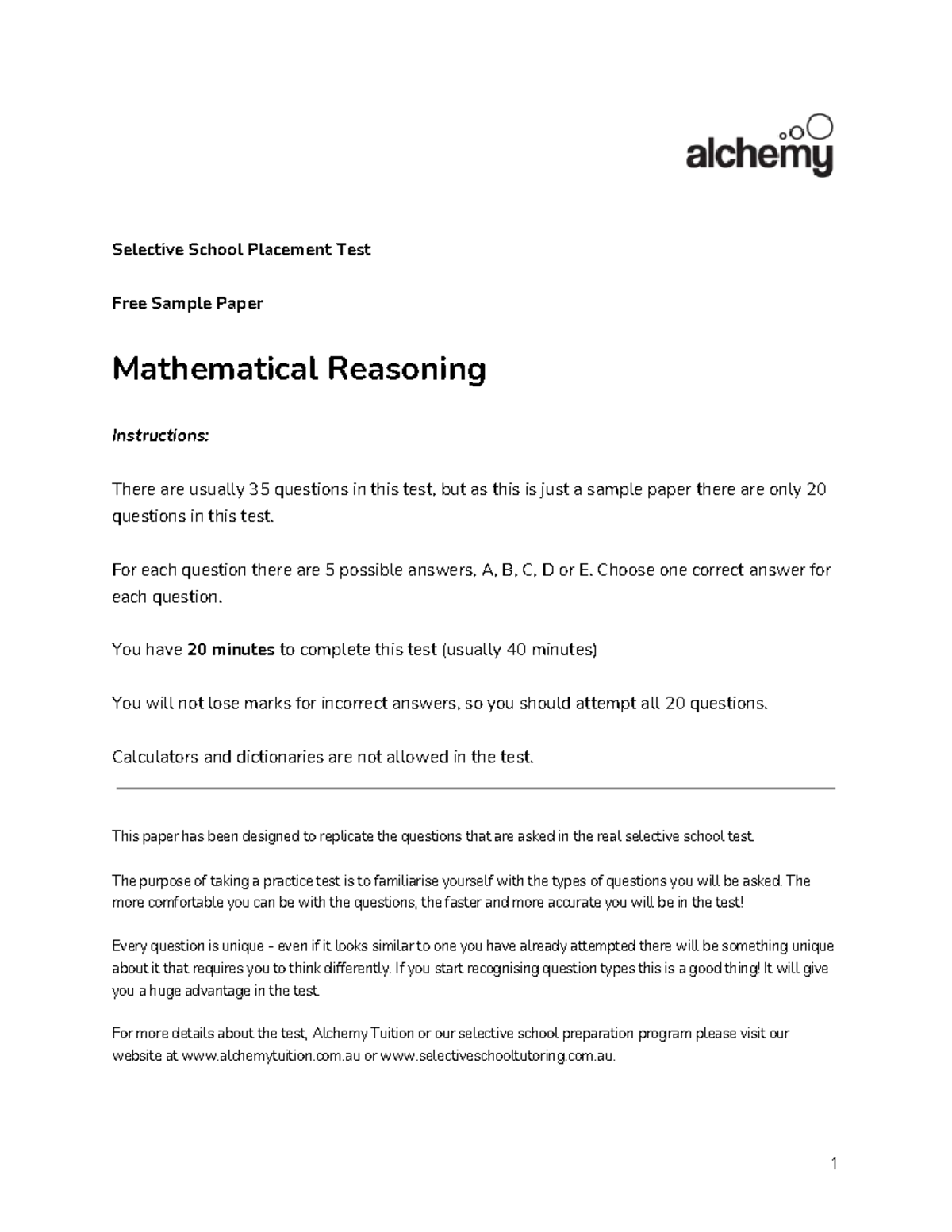 Mathematical Reasoning Sample Paper for Selective School Placement Test ...