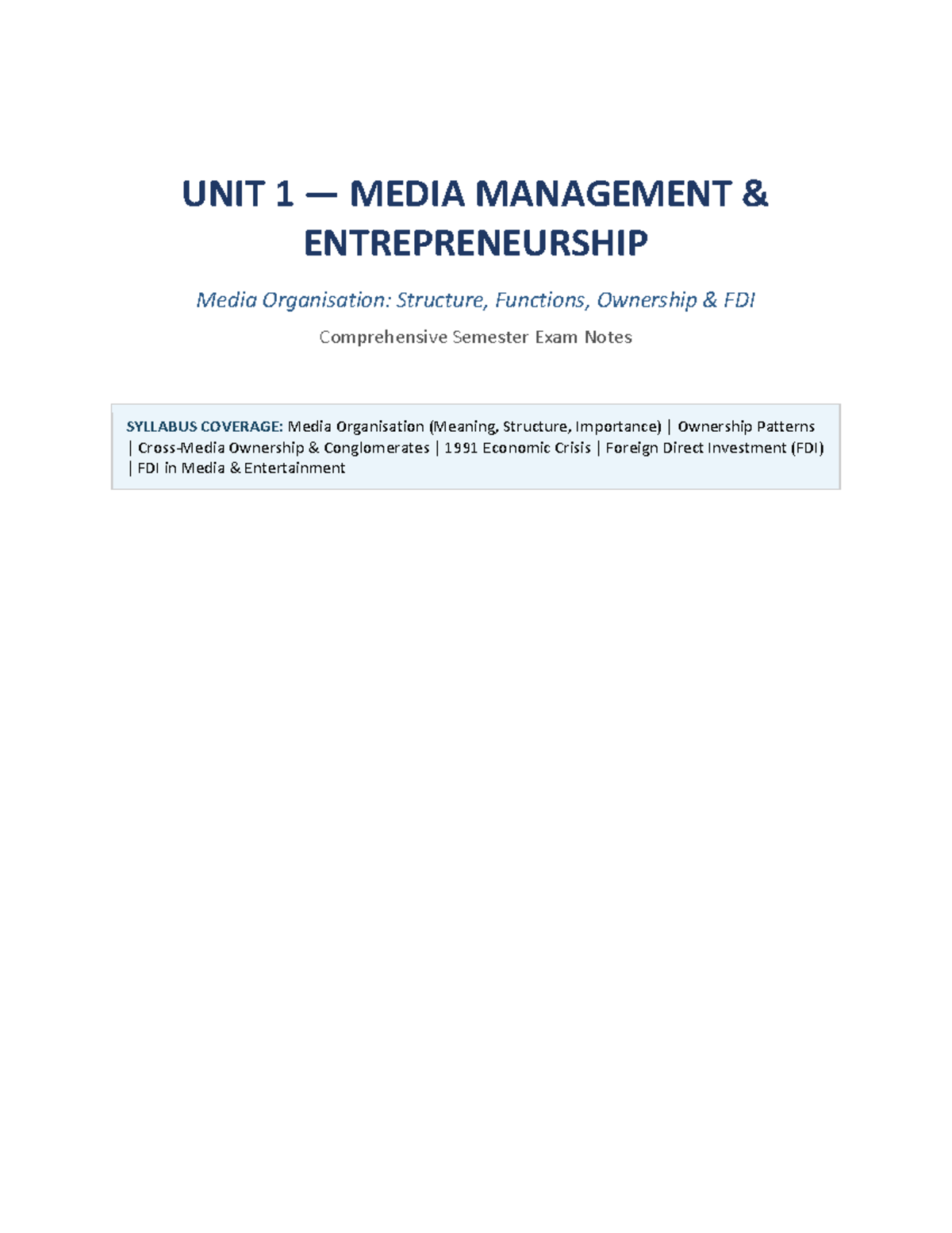 UNIT 1 MME Comprehensive Exam Notes: Media Management & FDI - Studocu