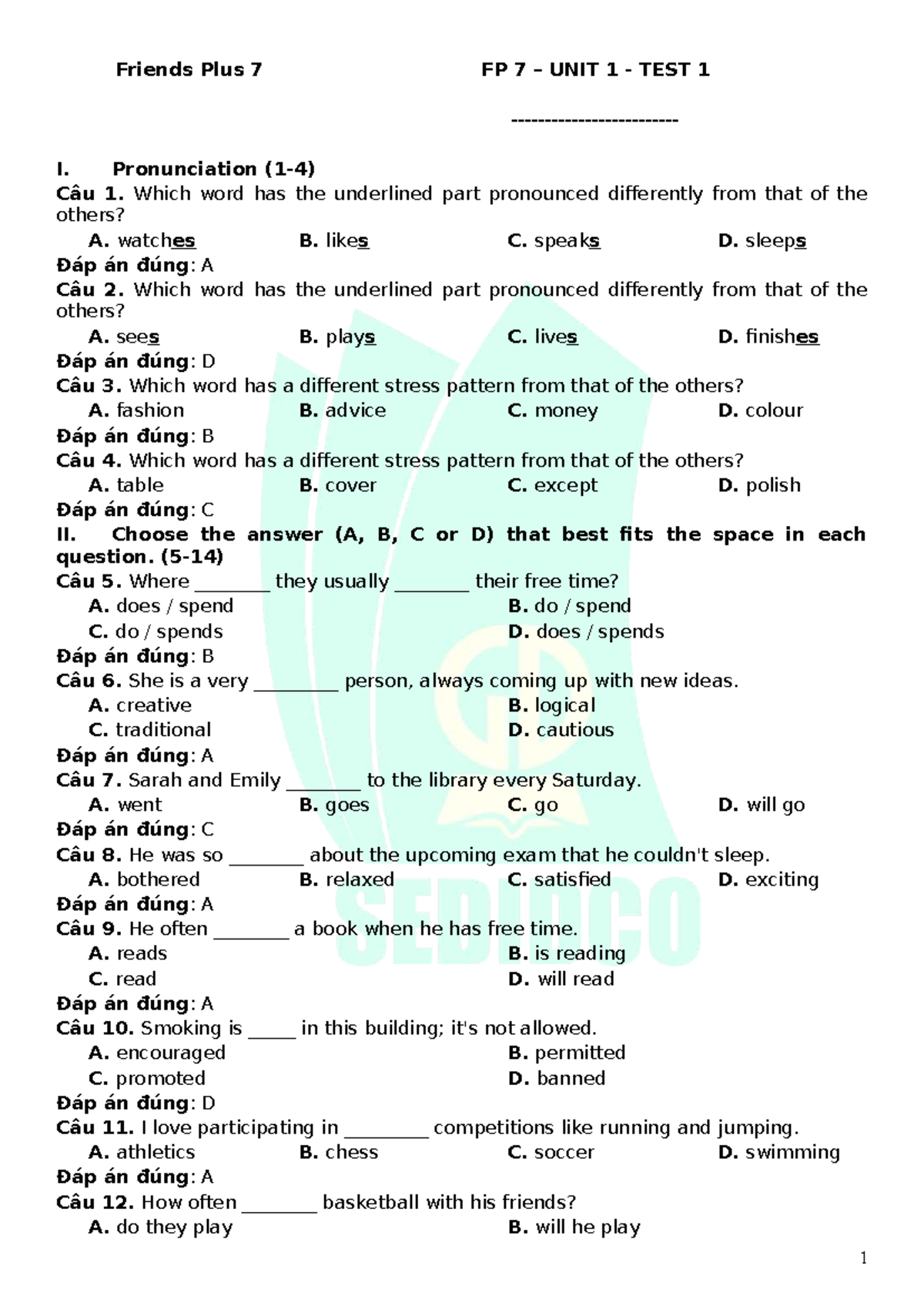 Friends Plus 7 FP 7 UNIT 1 MIDTERM TEST 1 ANSWER KEY - Studocu